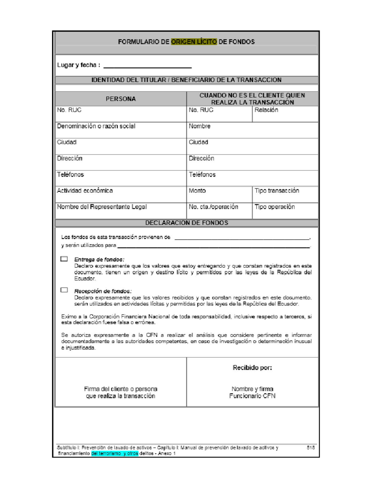 Formulario de Origen Lícito de Fondos - UAFE - Prevención Lavado ...
