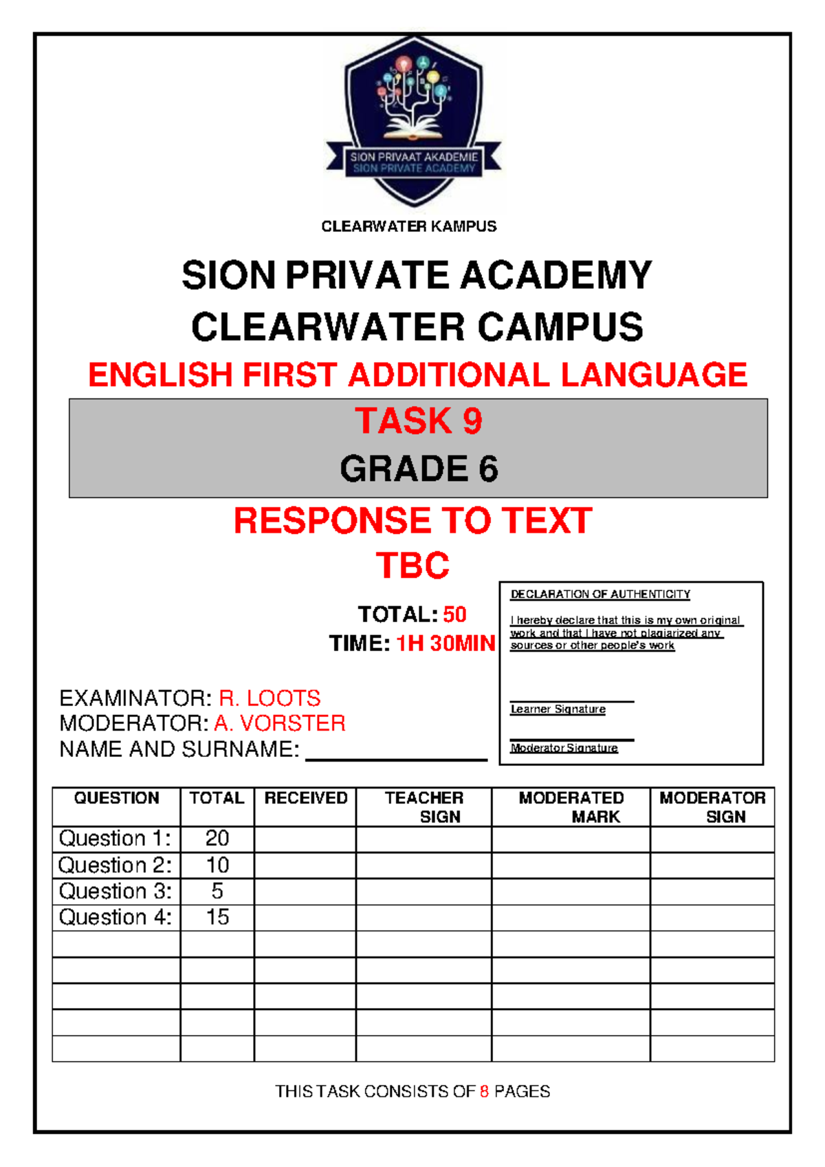 Grade 6 English FAL Term 4 Response to Text Task 9 - Studocu