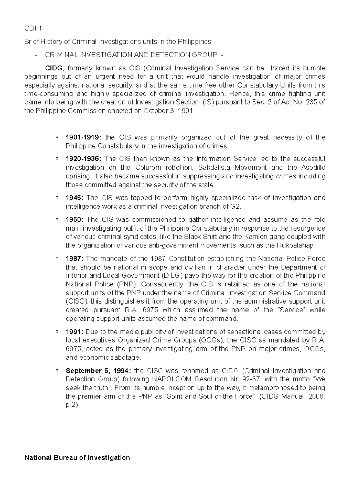 CDI1 Reviewer - Fundamentals of Criminal Investigation - CDI- Brief ...