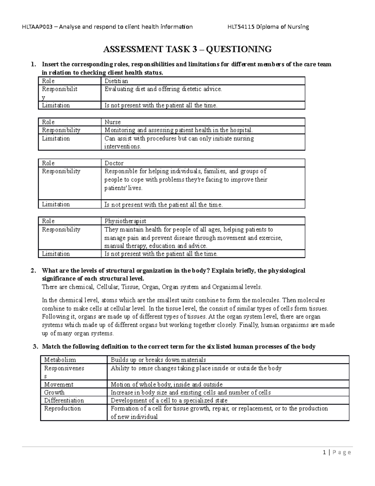HLTAAP003 Analyse and respond to health information - Questioning ...