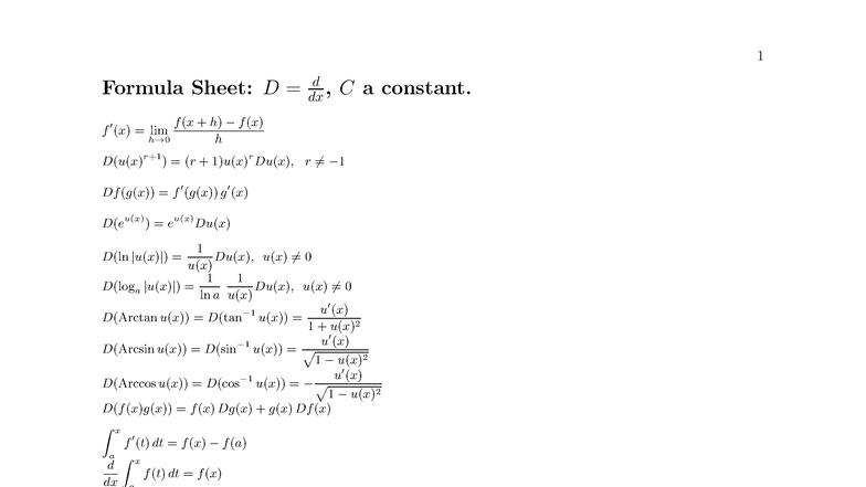 Formula Sheet: Final Exam 2025 for Calculus 1 (MATH101) - Studocu