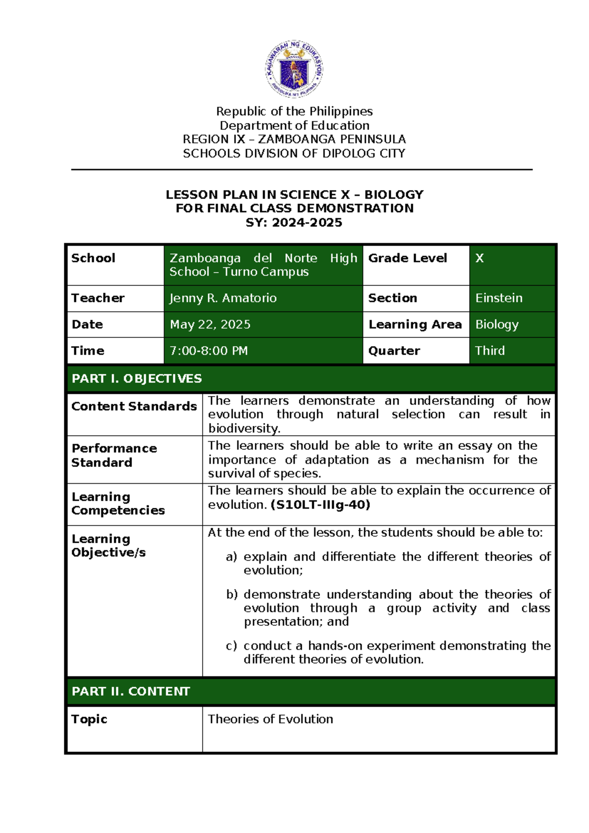 DLP SCI X: Final Lesson Plan on Theories of Evolution by Amatorio - Studocu