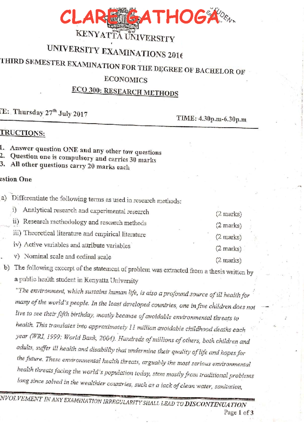 ECO 300: Research Methods Past Exam Papers and Study Guide - Studocu