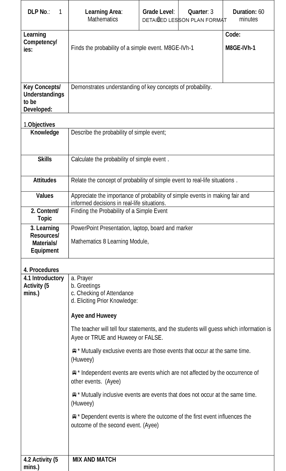 Mathematics 8 Lesson Plan: Finding Probability of Simple Events - Studocu