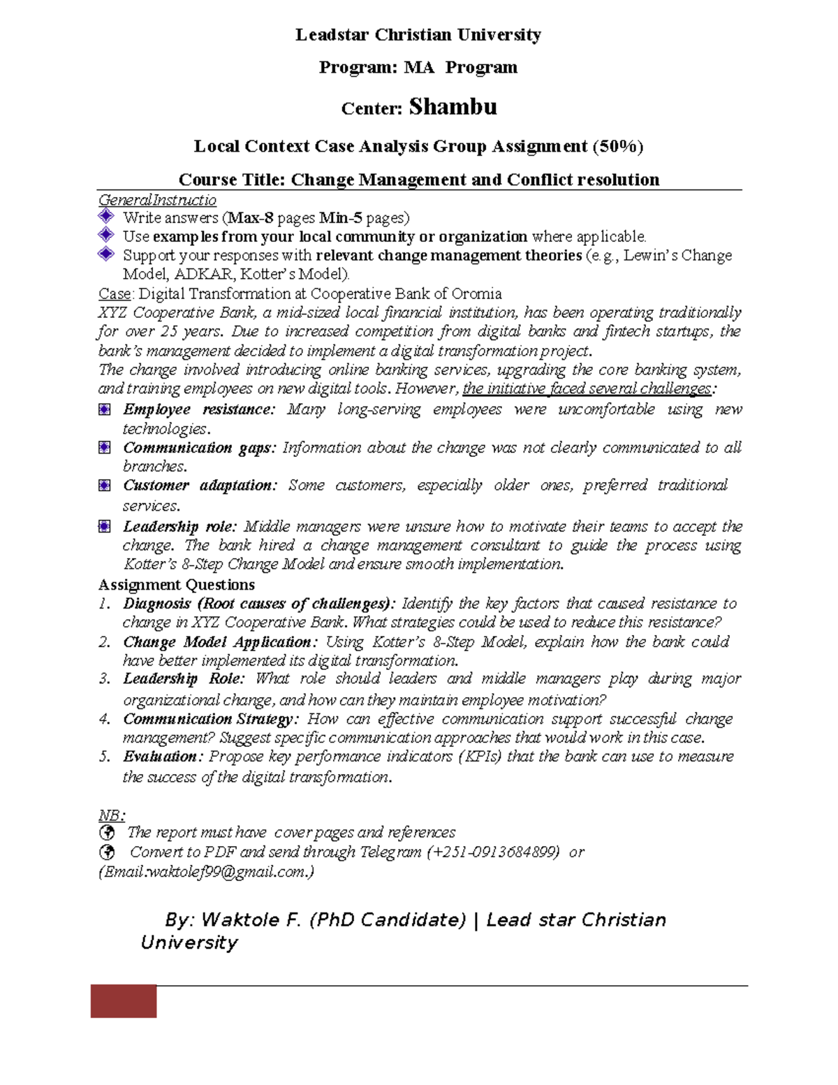 LCU MA Program: Change Management & Conflict Resolution Case Study ...