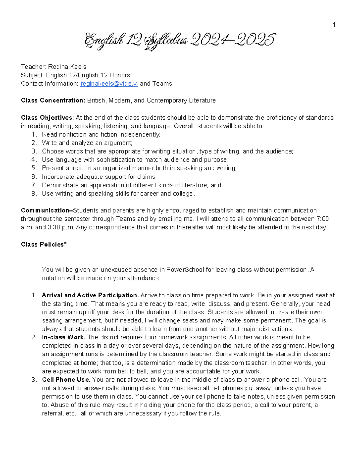 English 12 Syllabus: Honors & Regular Course Overview (Updated 2024 ...