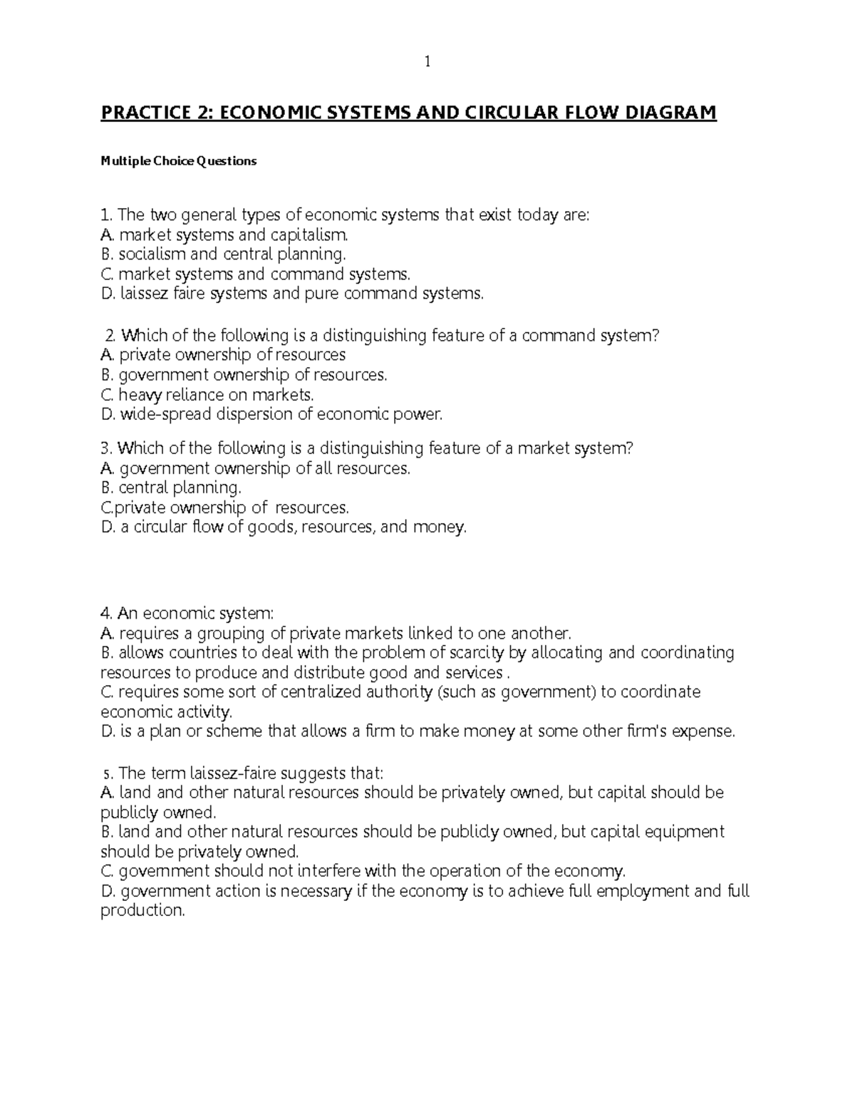 Practice 2: Economic Systems & Circular Flow Diagram MCQs - Studocu