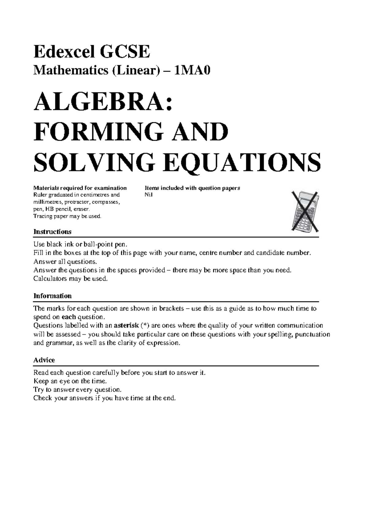 Edexcel GCSE Maths 1MA0: Algebra - Forming & Solving Equations Exam ...