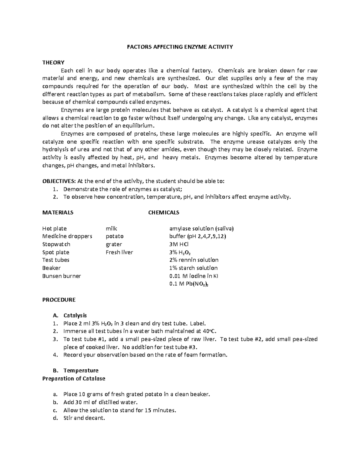 Factors Affecting Enzyme Activity - FACTORS AFFECTING ENZYME ACTIVITY ...