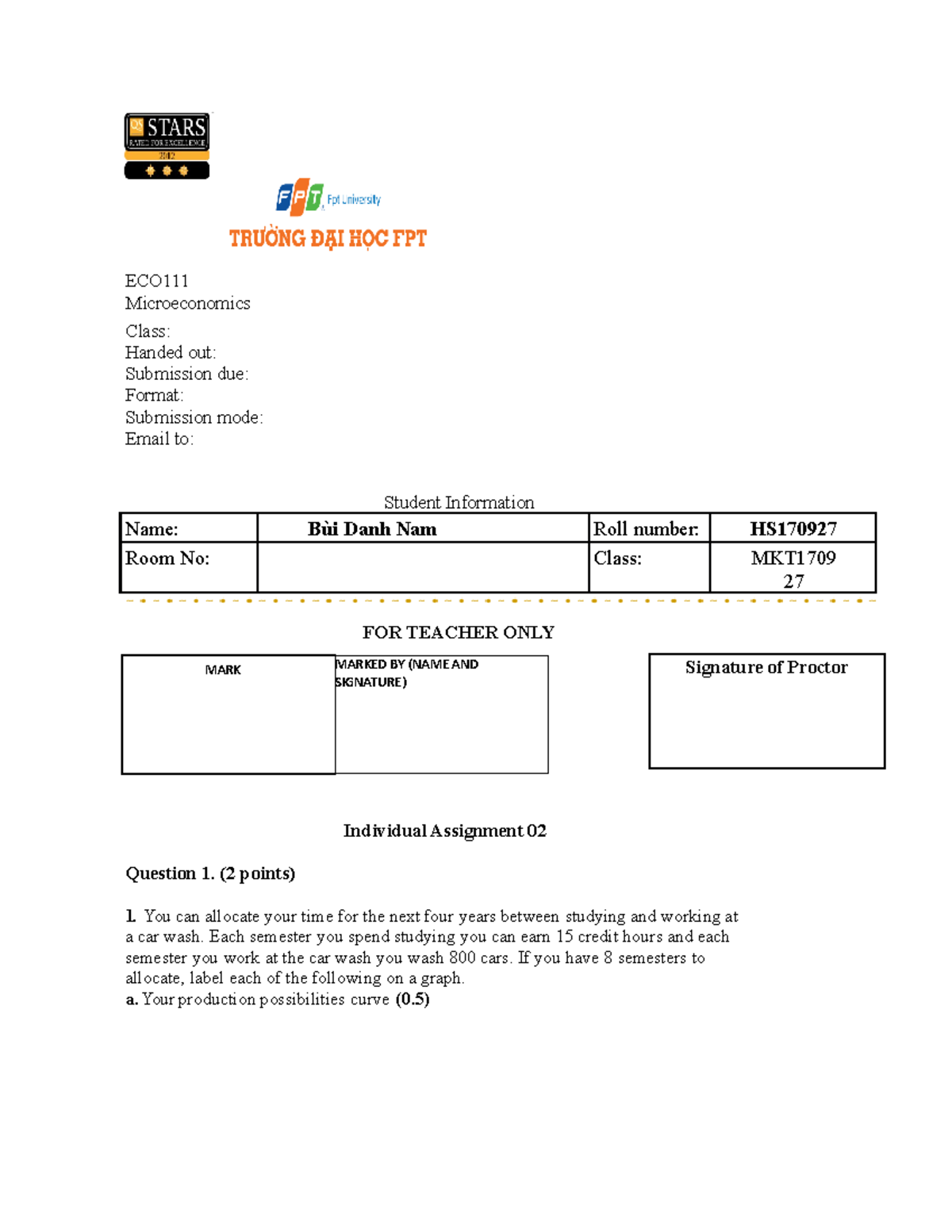 ECO111 Assignment 2 - nothing - MARKED BY (NAME AND SIGNATURE) MARK ECO ...