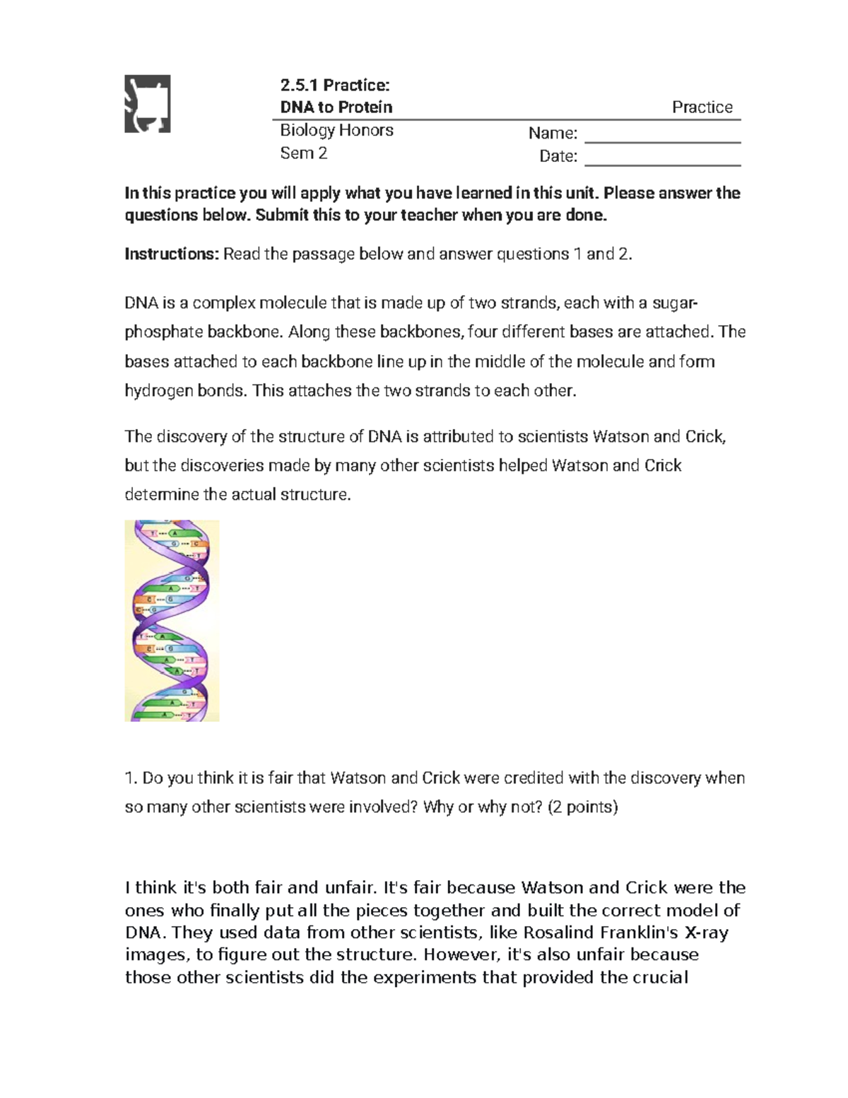 2.5.1 Practice: DNA to Protein - Biology Honors Sem 2 - Studocu