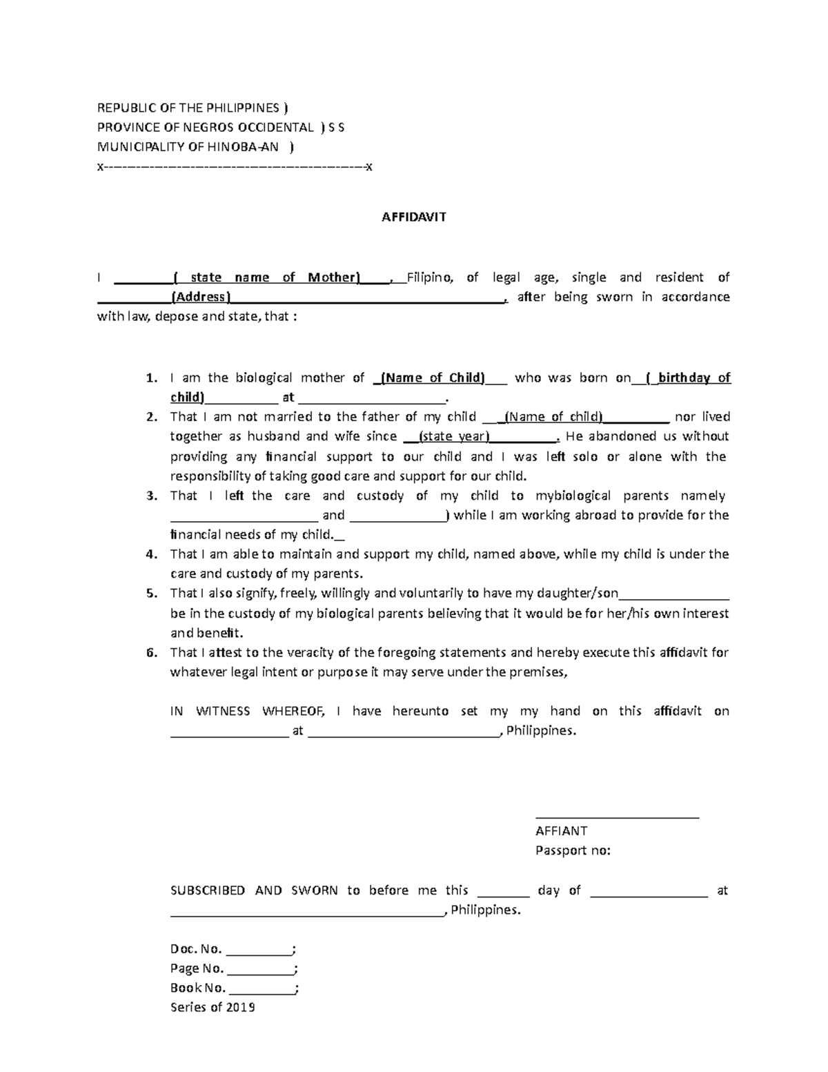 Affidavit Sample: Legal Document Template for Custody in the ...