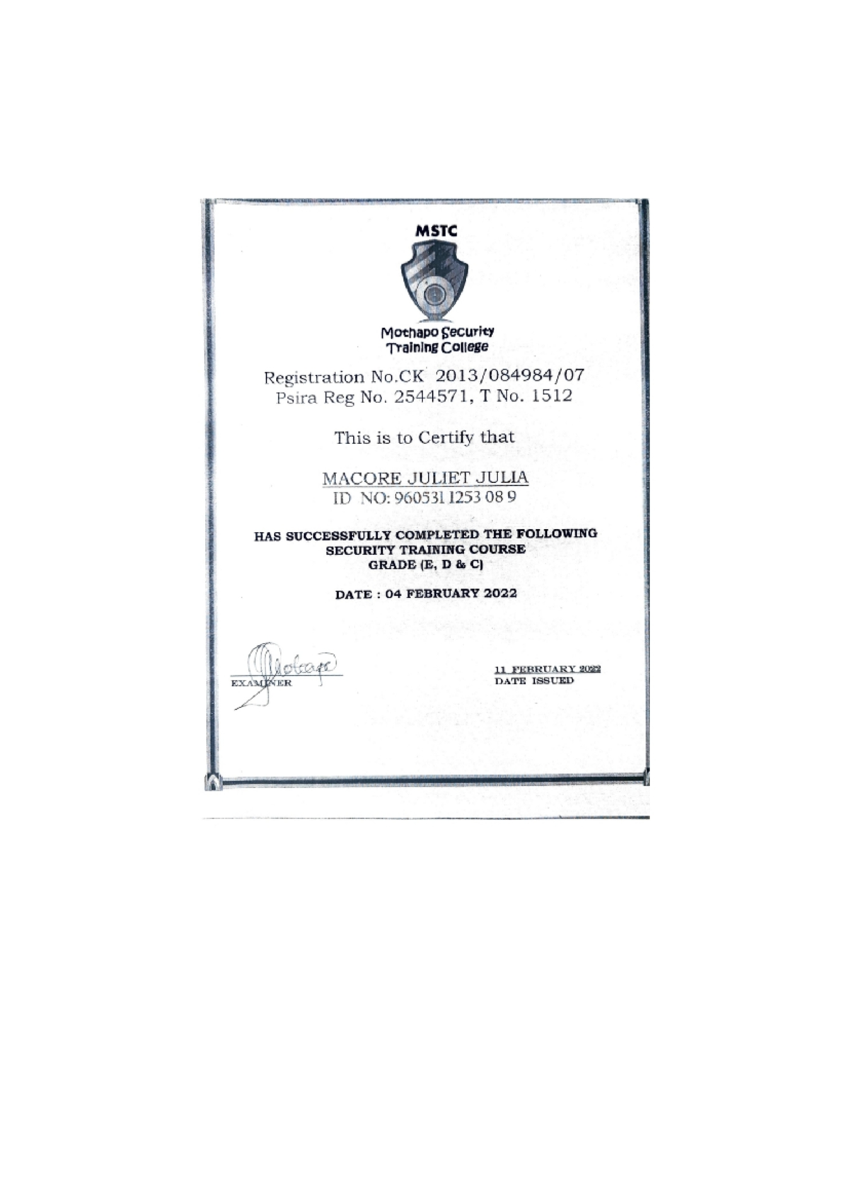 MSTC Security Training Course Completion Certificate - Grade EDC - Studocu