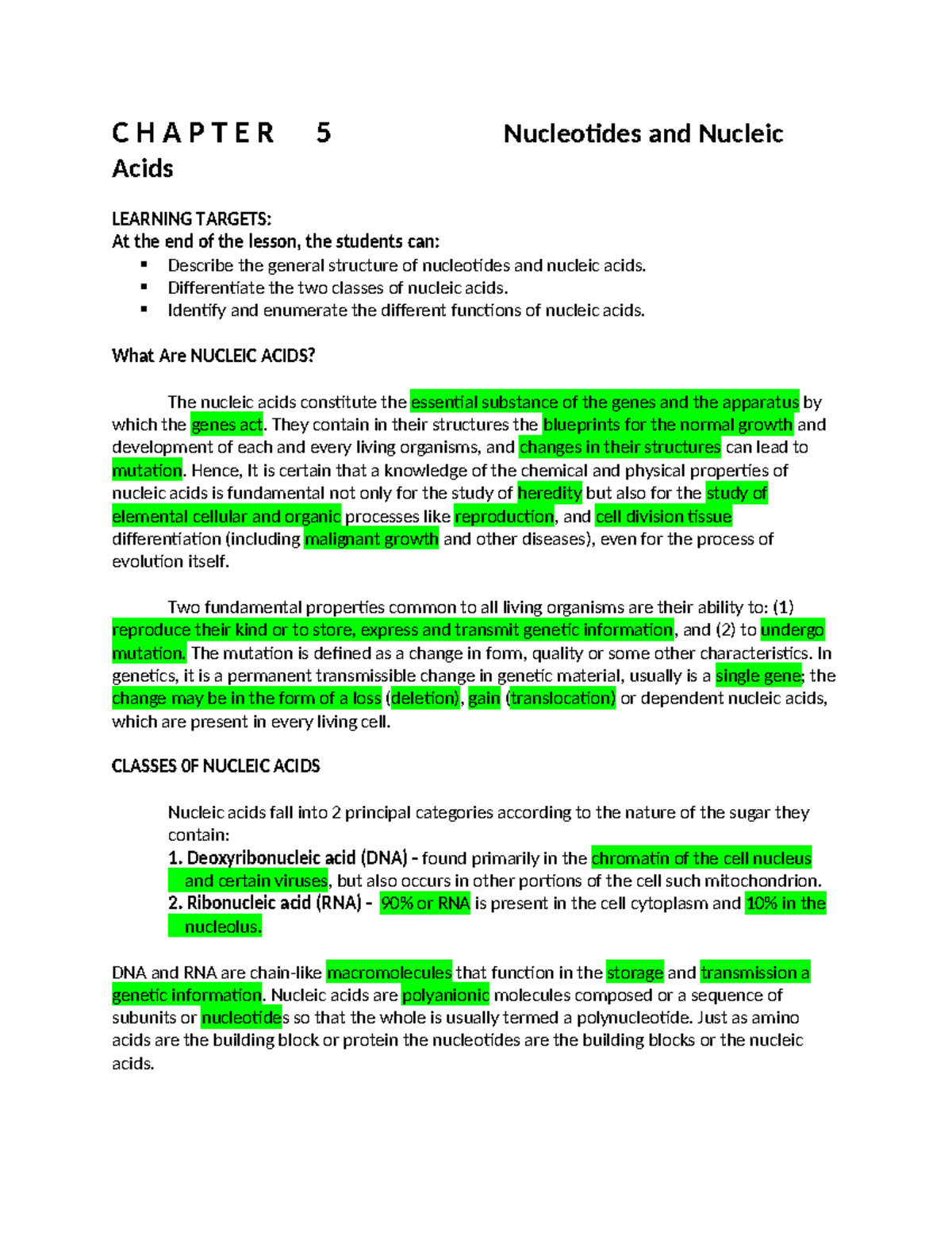 Biochem CH 5: Nucleotides and Nucleic Acids Overview - Studocu