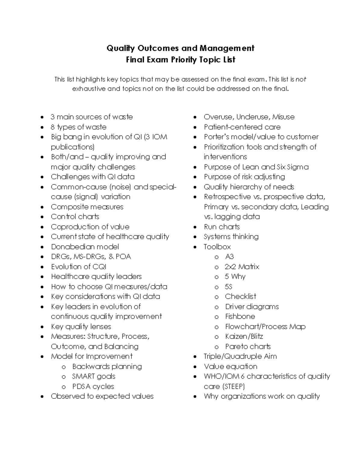 Quality Outcomes and Management Final Exam Topic List - Studocu