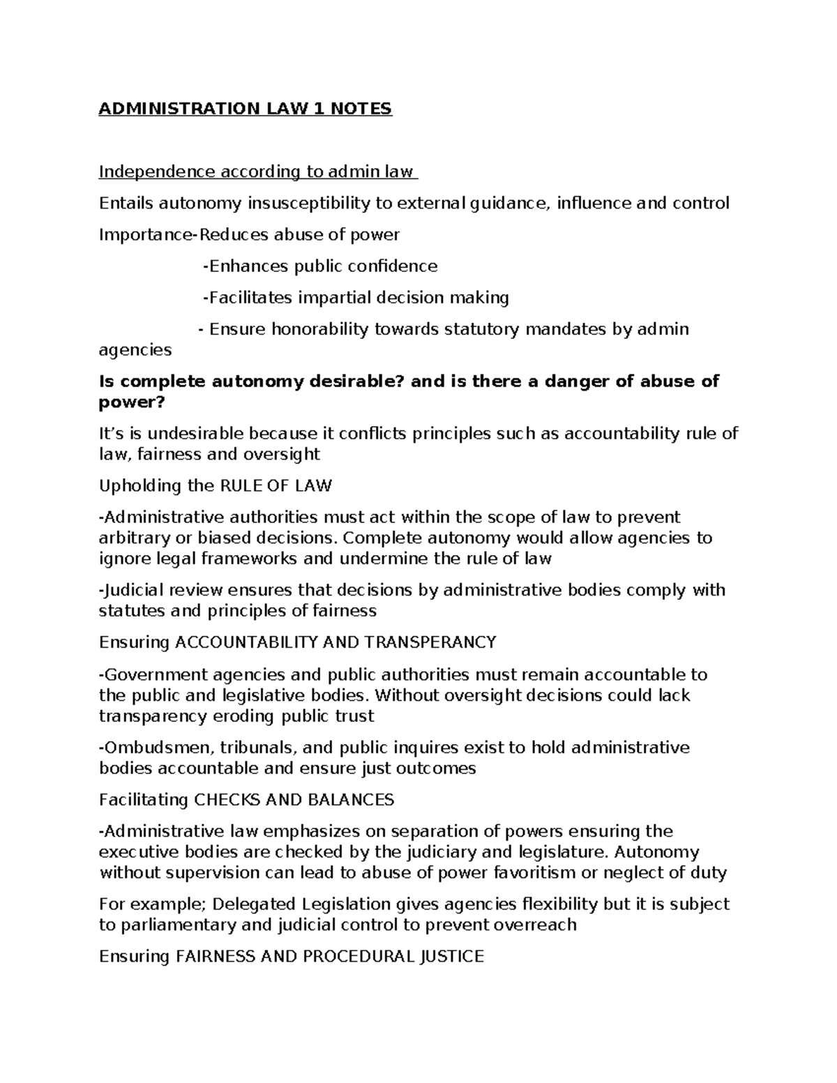 ADMINISTRATION LAW 1 NOTES: Autonomy, Accountability, and Oversight ...