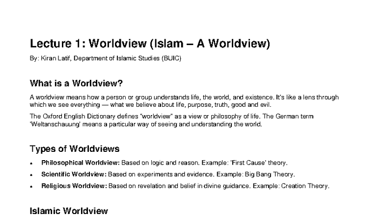 Lecture 1: Worldview in Islam - Study Guide (IS 101) - Studocu