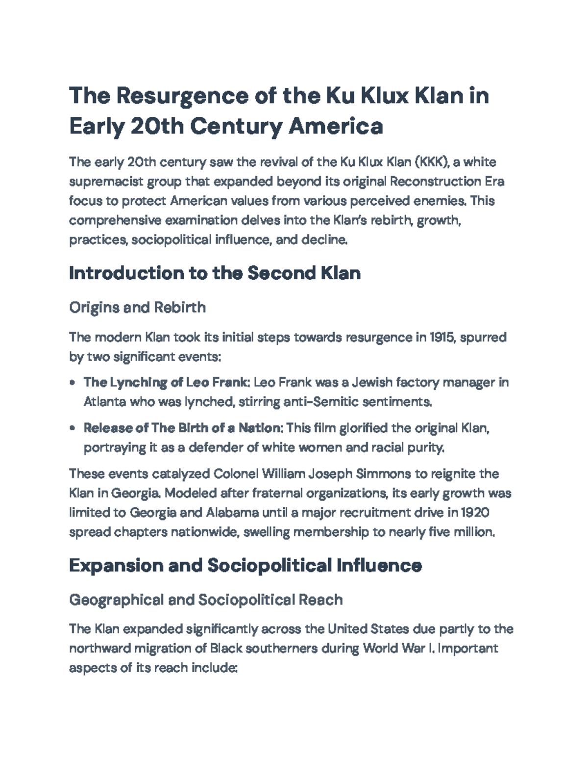 The Resurgence of the Ku Klux Klan in Early 20th Century America: An ...