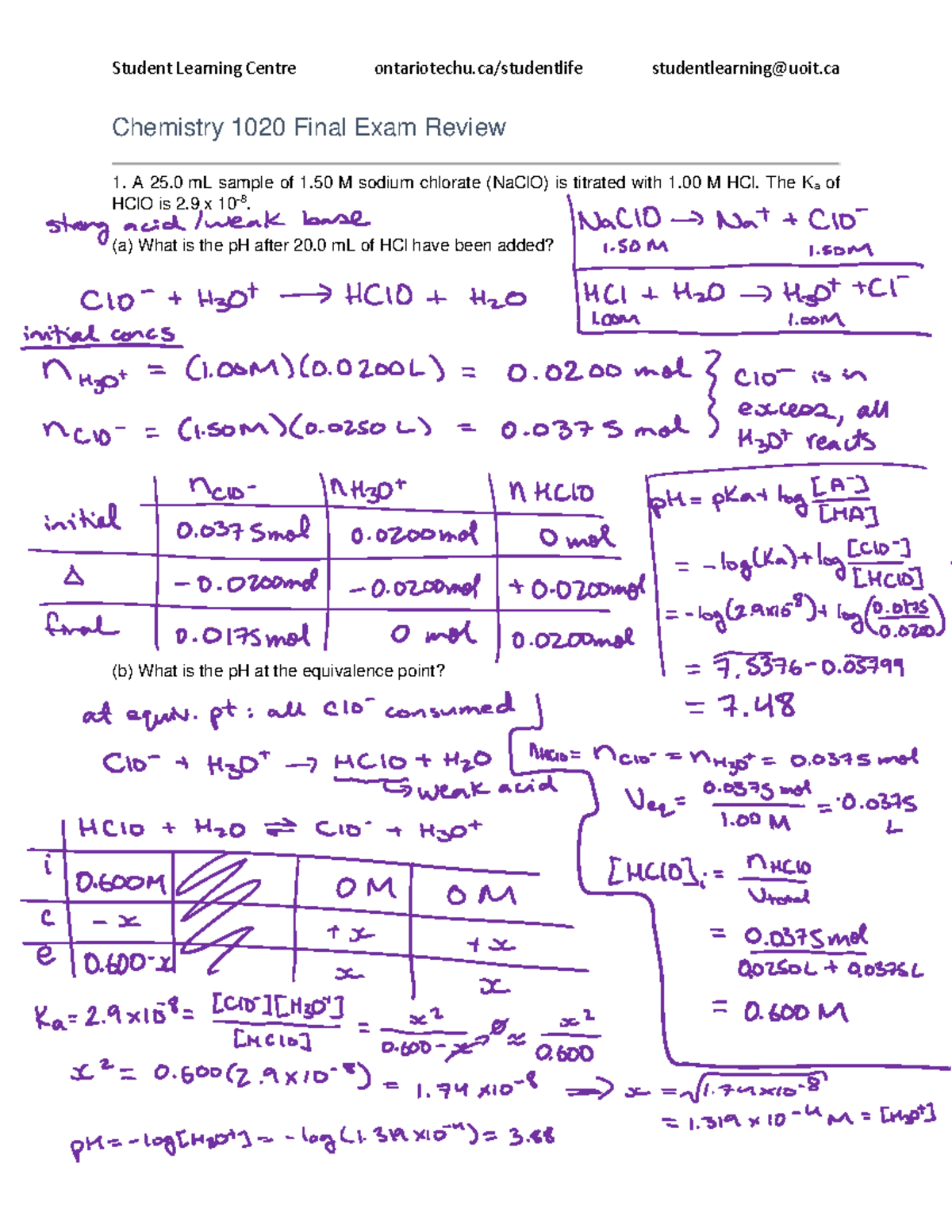Chem 1020 Exam Review solutions - Chemistry 1020 Final Exam Review A 25 mL sample of 1 M sodium ...