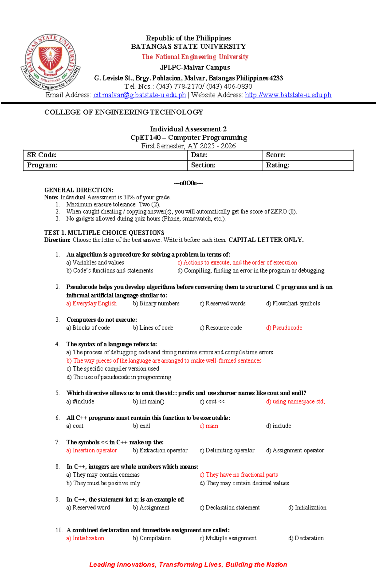 CpET140 Quiz 2 - Lab Activities for Computer Programming - Studocu