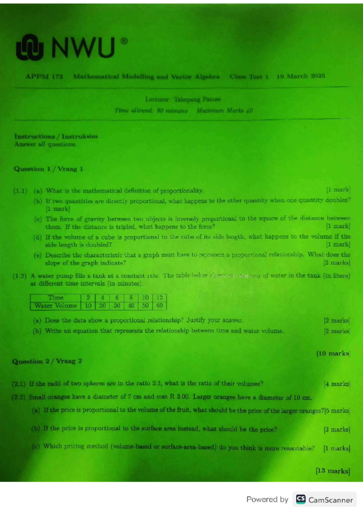 NWU APPM 172 Mathematical Modelling & Vector Algebra Test 1 - 19 March ...