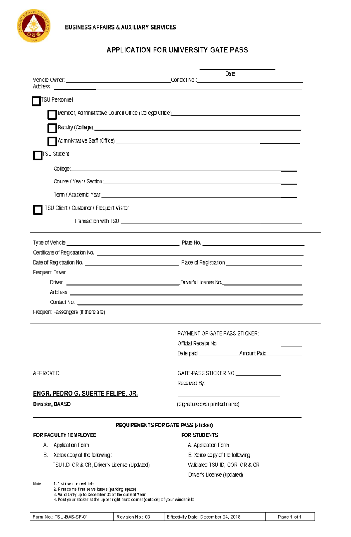 TSU BAASO Application for University Gate Pass Form - Studocu