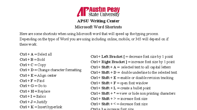 APSU Writing Center: Microsoft Word Shortcuts Guide 2023 - Studocu