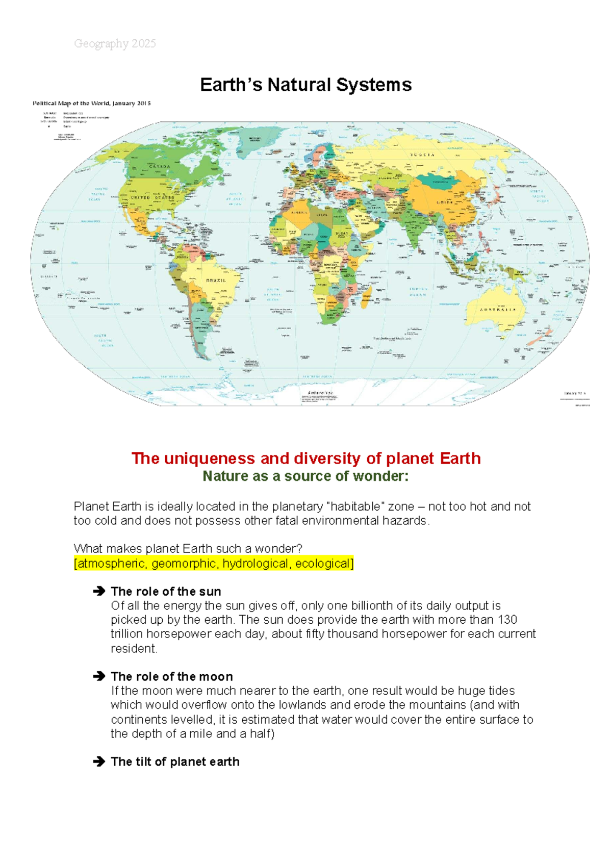 Geography 2025: Understanding Earth's Unique Natural Systems - Studocu