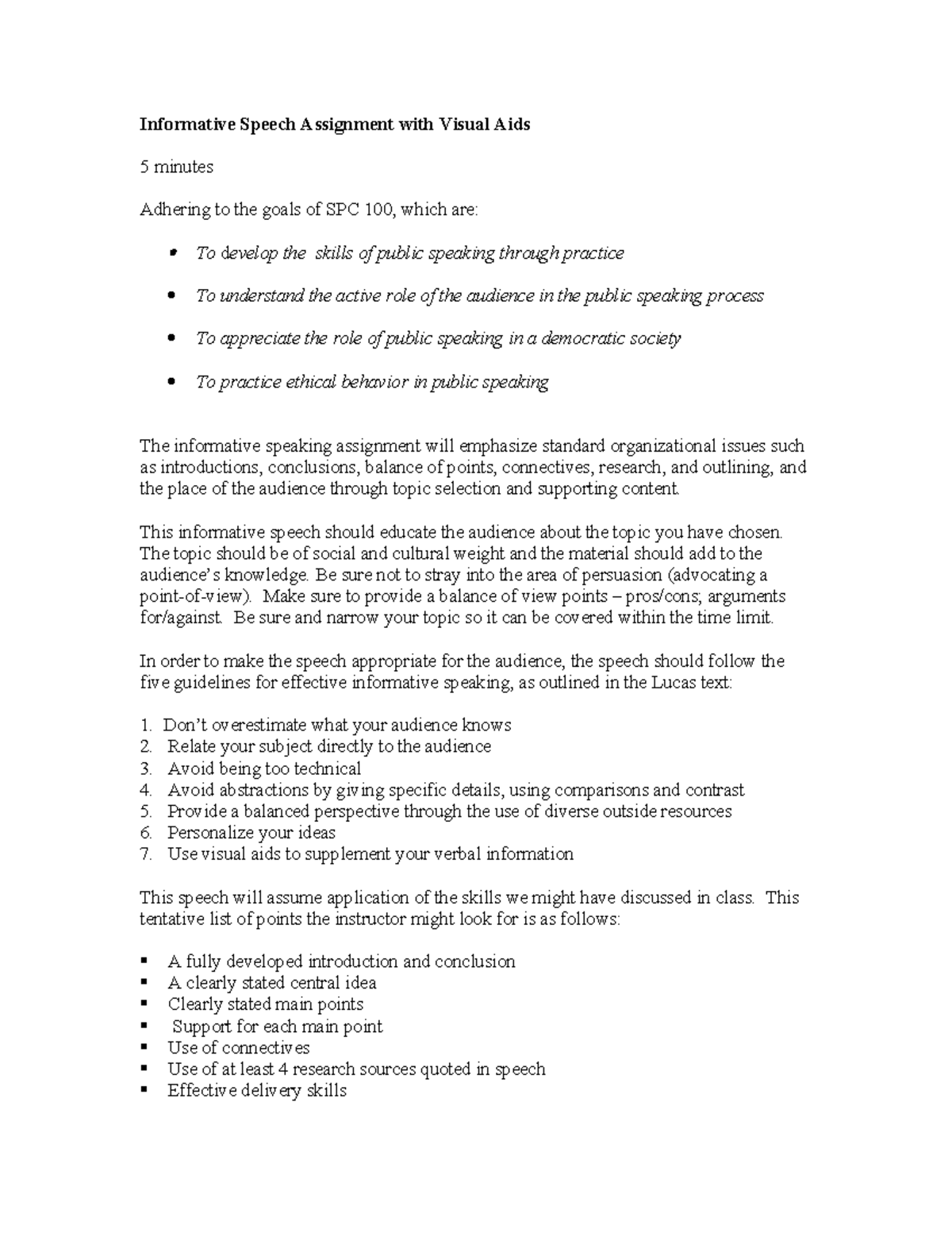 SPC 100 Informative Speech Assignment with Visual Aids - Studocu