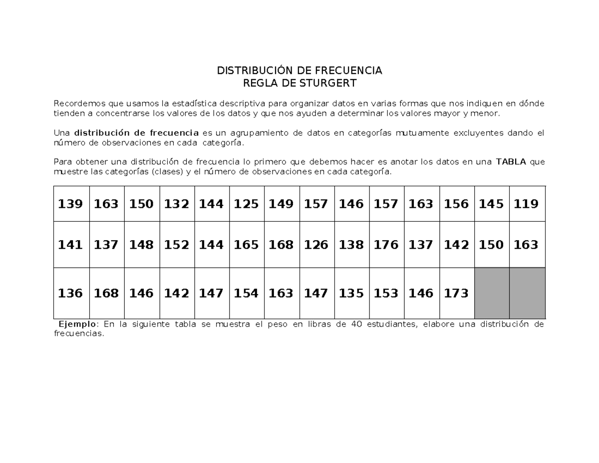 Ejemplo Paso a Paso: Distribución de Frecuencia con Regla de Sturges ...
