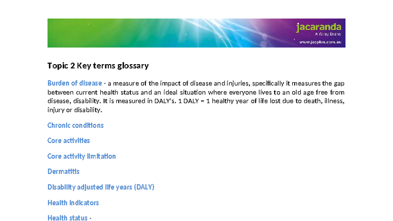 Chapter 2 Key Terms Glossary: Burden of Disease & Health Indicators ...