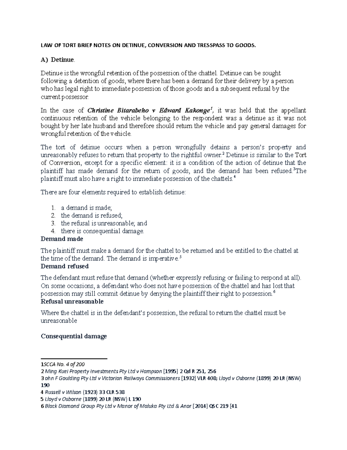 LAW OF TORT Brief Notes ON Detinue - LAW OF TORT BRIEF NOTES ON DETINUE ...