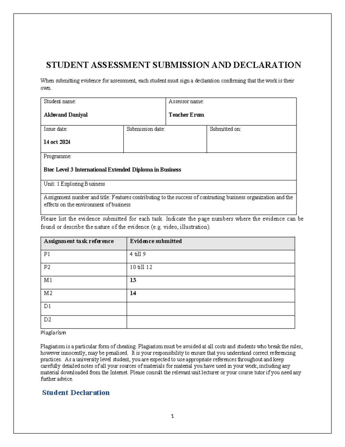 Btech unit 1 exploring business - STUDENT ASSESSMENT SUBMISSION AND DECLARATION When submitting ...