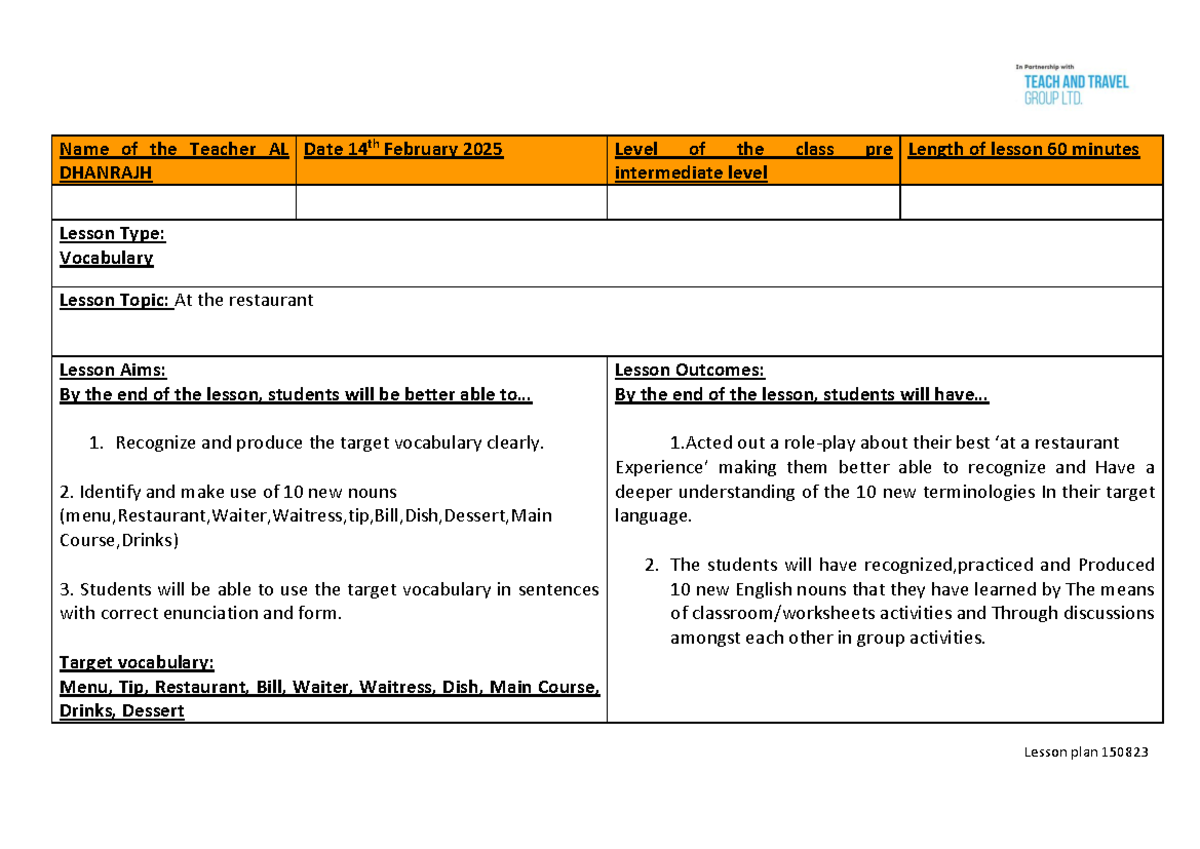 TEFL Assignment 1: Vocabulary Lesson Plan on Restaurant Interactions ...