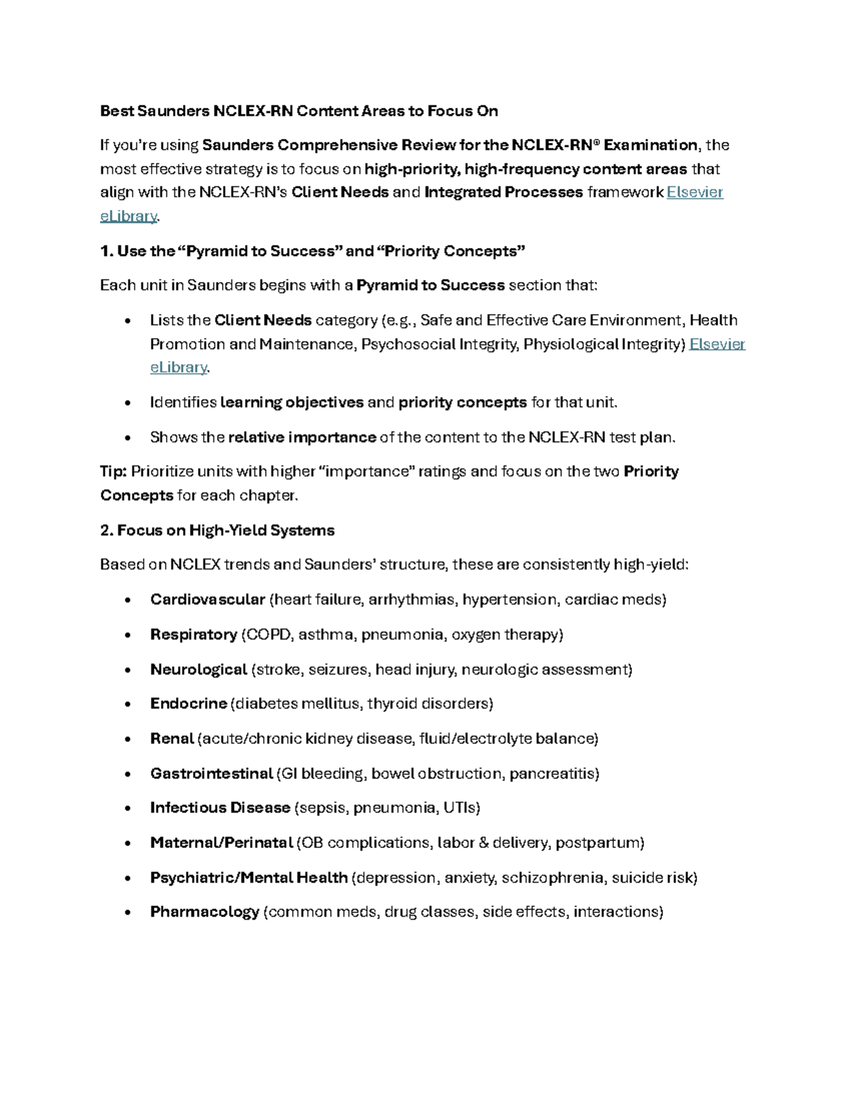 Best NCLEX Focus Areas Using Saunders Review Materials - Studocu