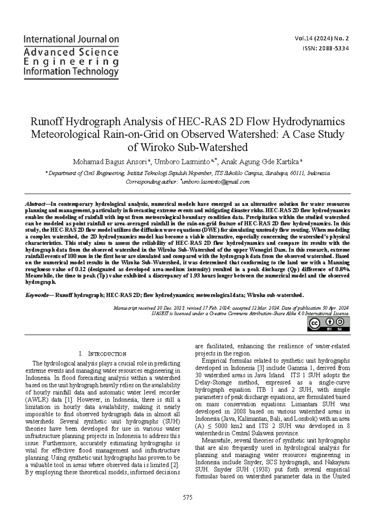 Runoff Hydrograph Analysis Using 2D Hydrodynamics: A Case Study of ...