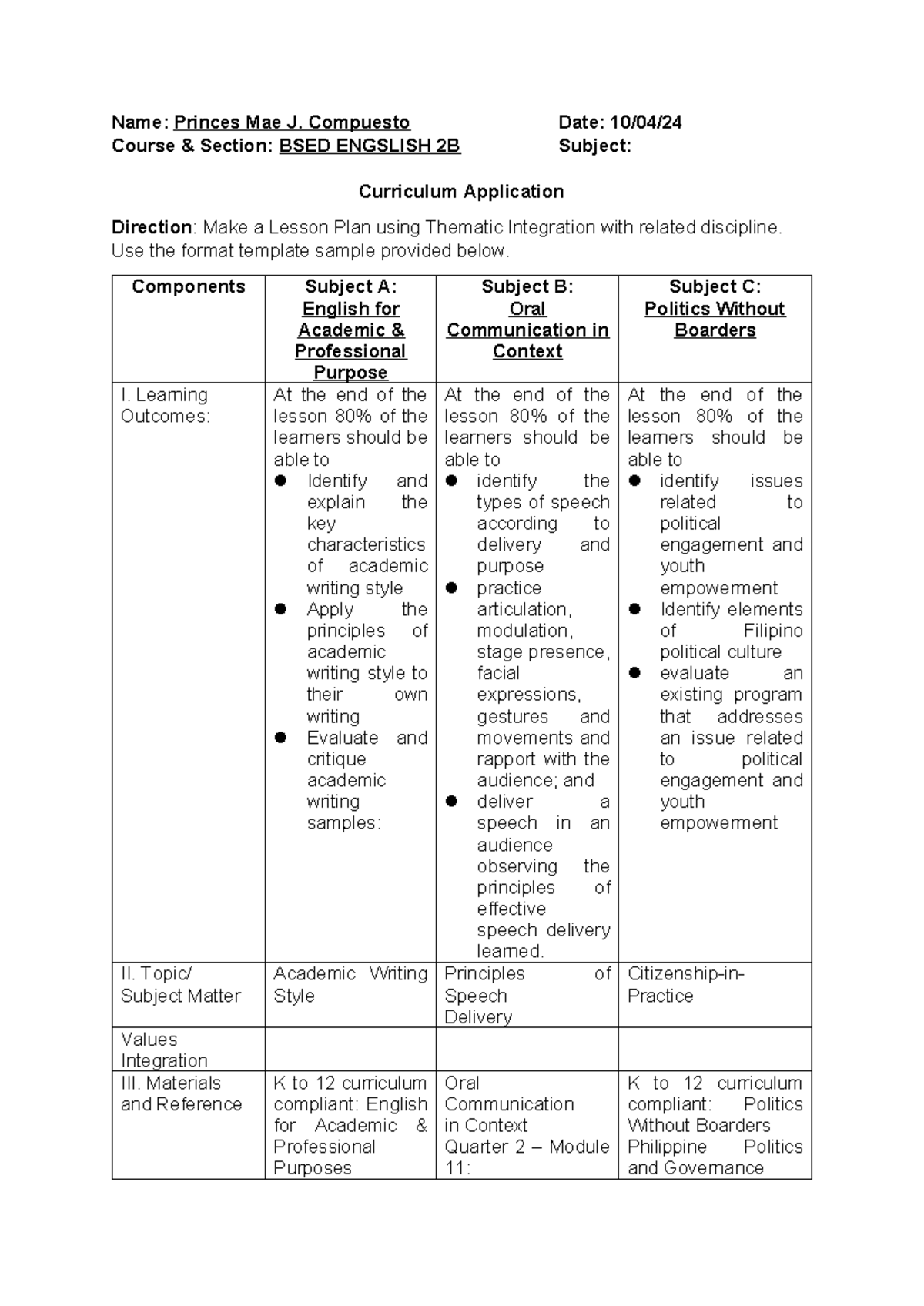 BSED ENGLISH 2B Thematic Lesson Plan for Curriculum Integration - Studocu