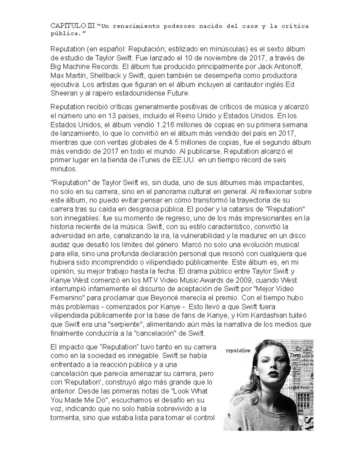 CAPITULO 3: Análisis del álbum "Reputation" de Taylor Swift - Studocu