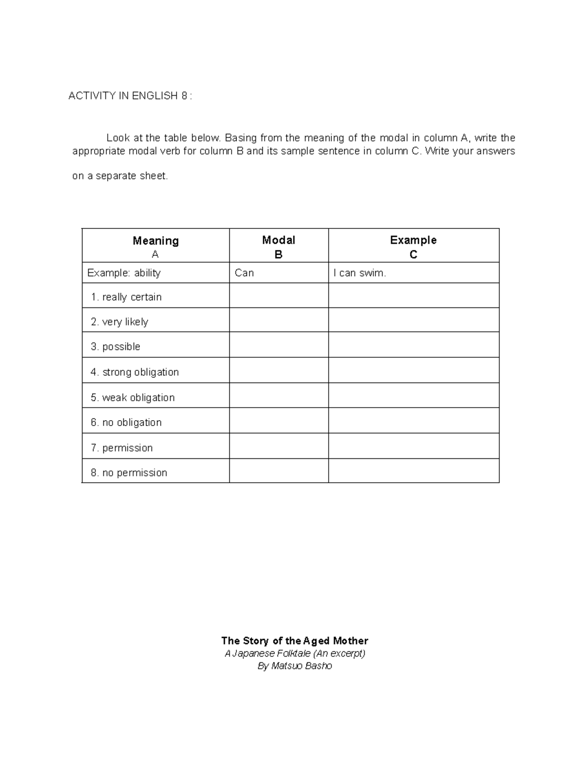 Activity IN English - ACTIVITY IN ENGLISH 8 : Look at the table below ...