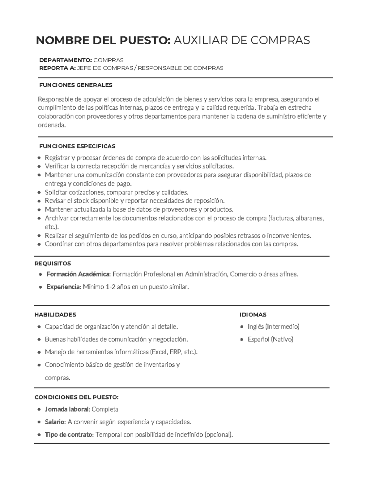 Perfil De Puesto Auxiliar De Compras Y Requisitos Para El Trabajo