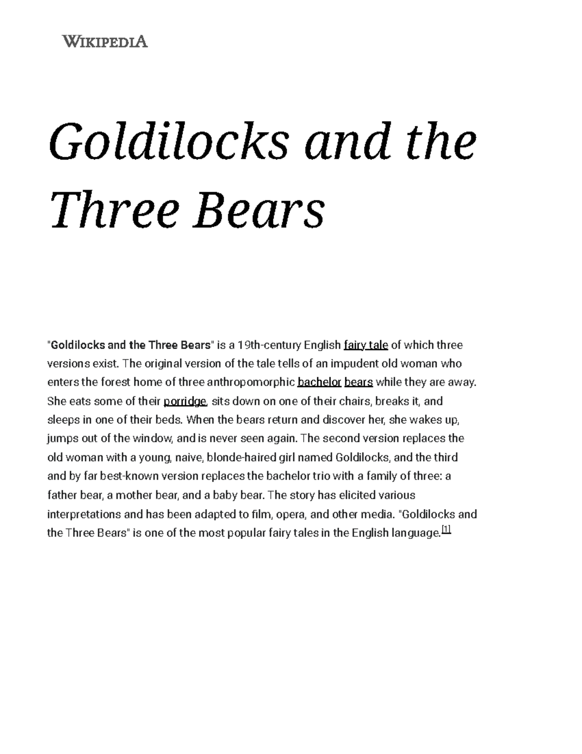 Goldilocks and the Three Bears: A Study of Fairy Tale Versions - Studocu