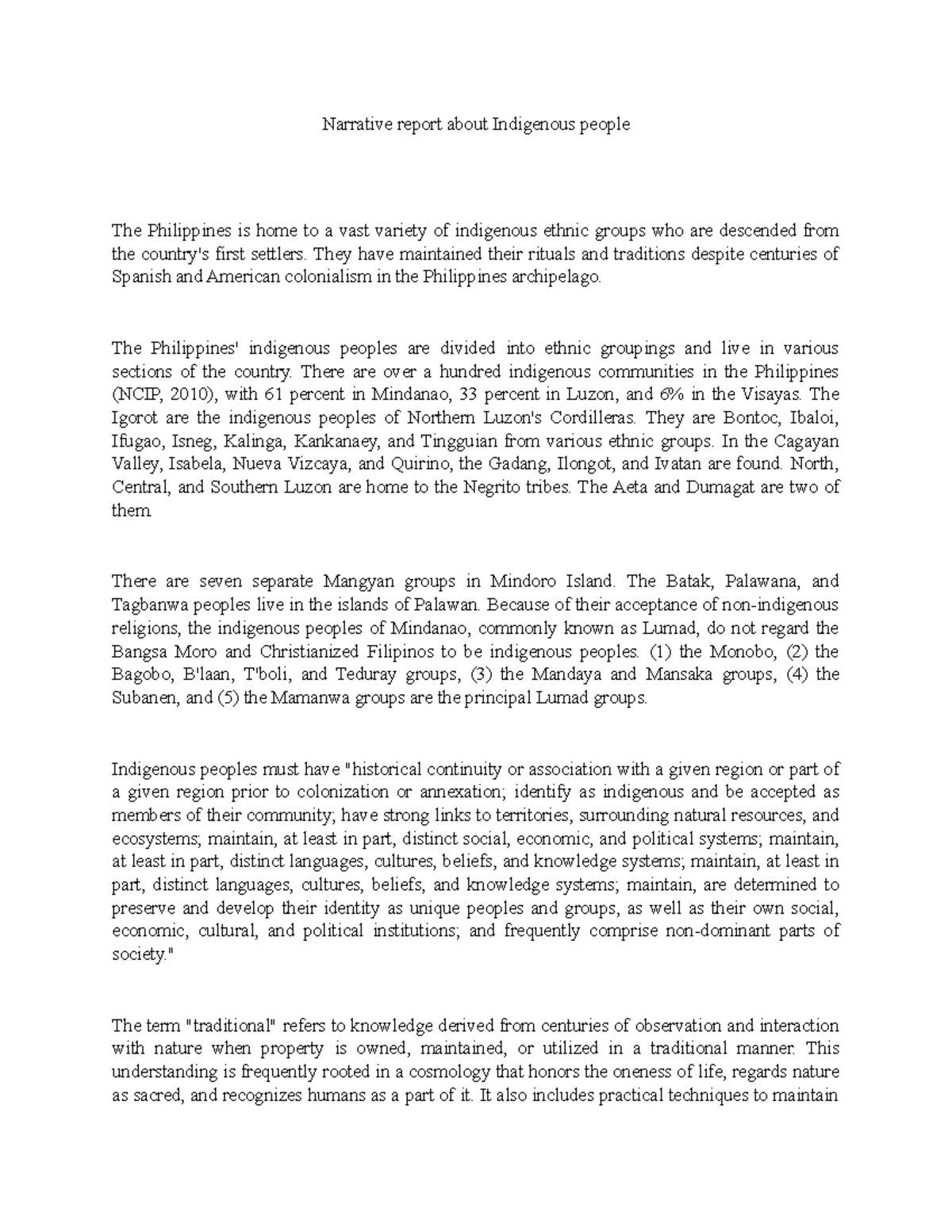 Indigenous Peoples of the Philippines: Narrative Report Insights - Studocu