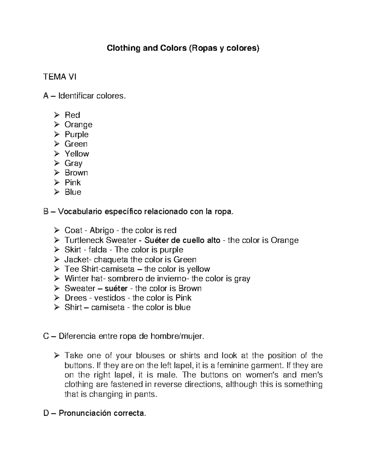 Ingles Colores: Clothing & Colors in Spanish (TEMA VI) - Studocu