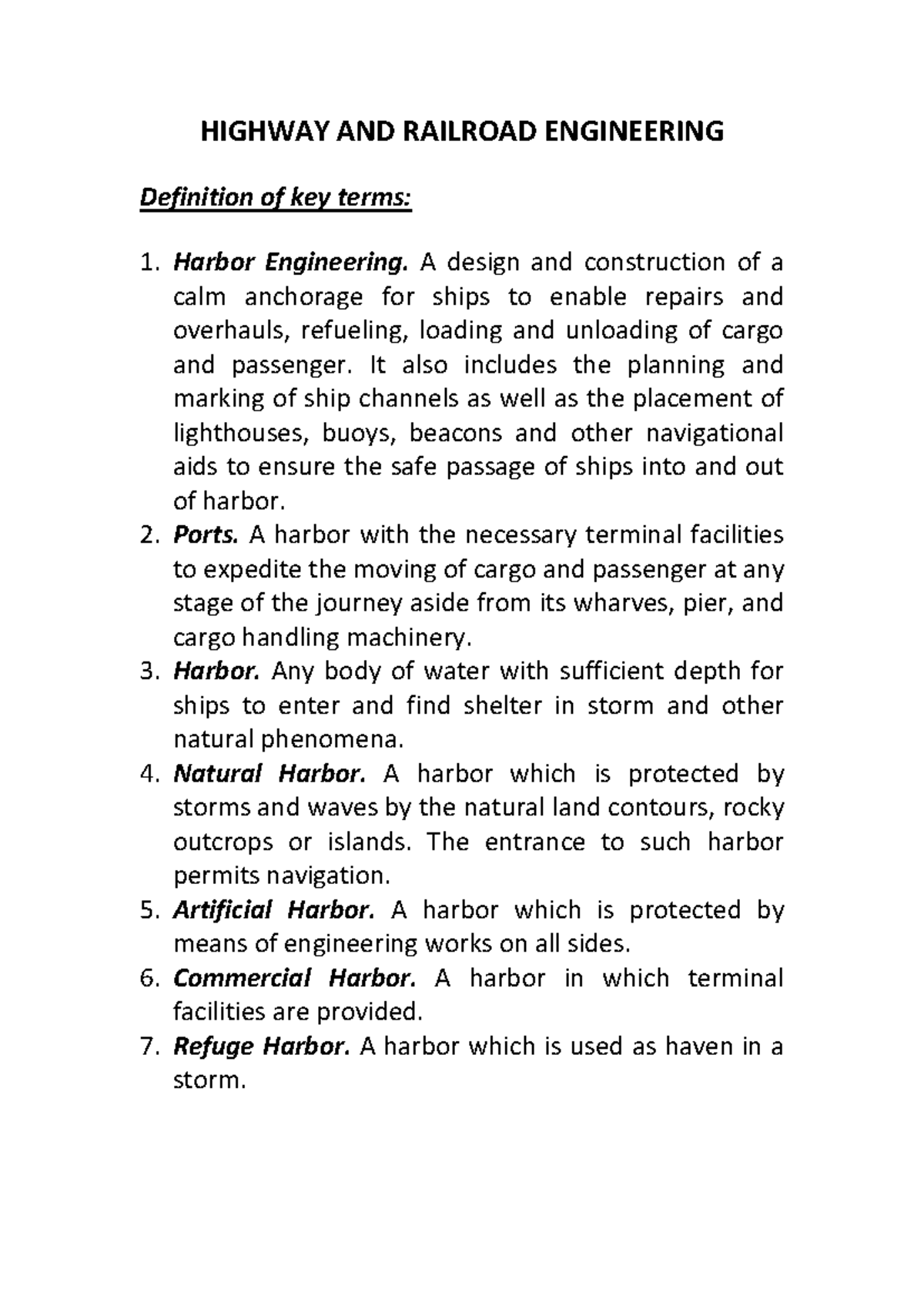 Definitions of Key Terms in Highway and Railroad Engineering - Studocu