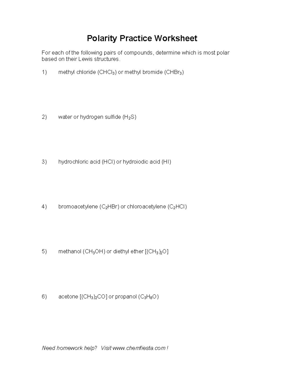 Polarity worksheets - Practice sheets for studying - CHEM 1240 - Need ...