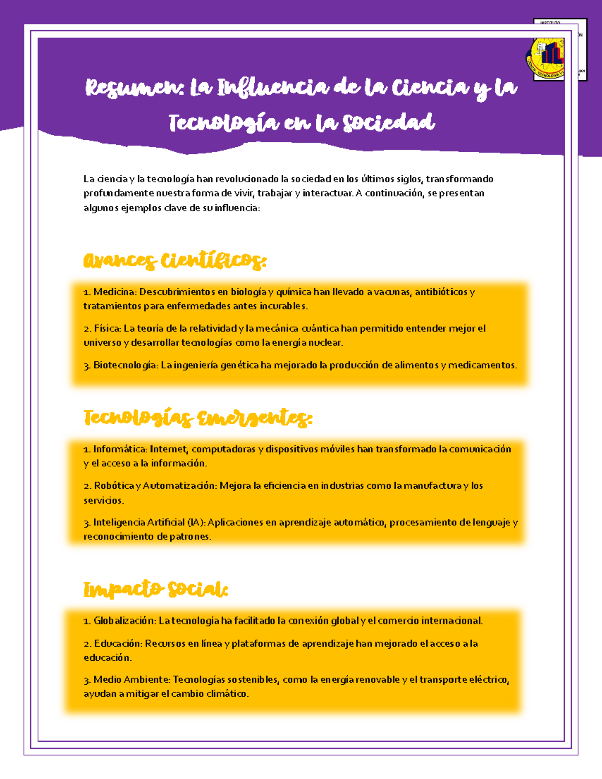 Resumen: La influencia de la ciencia y la tecnología en la sociedad ...