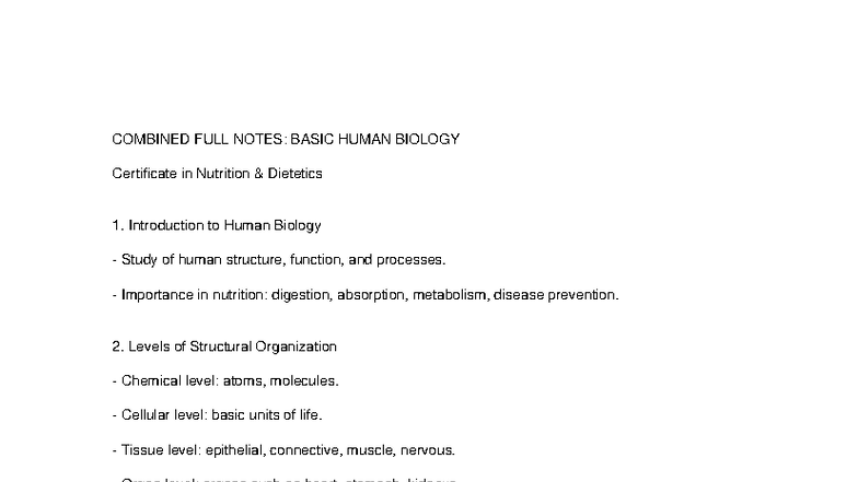 Combined Full Notes: Basic Human Biology for Certificate in Nutrition ...