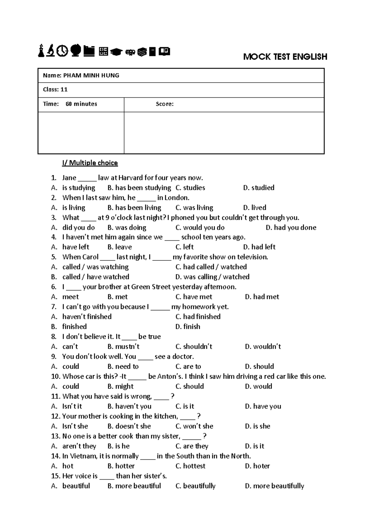 MOCK TEST English - MOCK TEST - MOCK TEST ENGLISH I/ Multiple choice ...