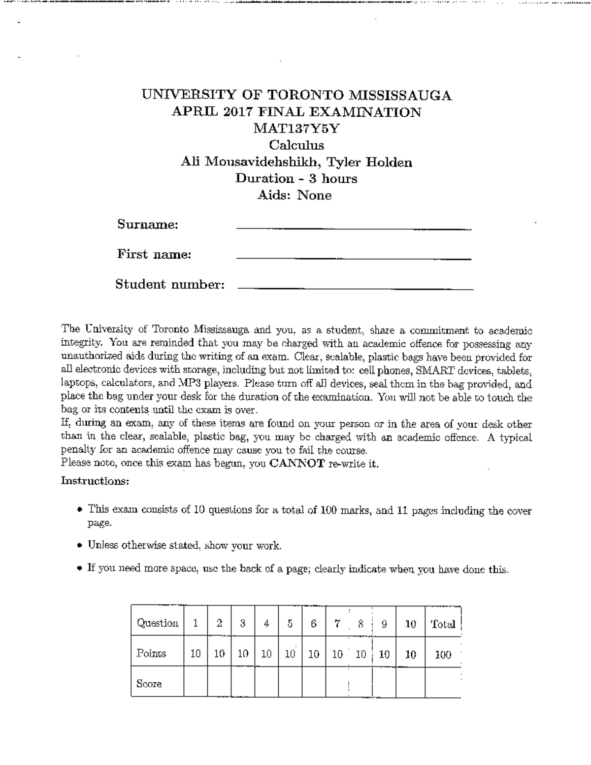 Mat137Y-A17 - Past Exam Question Samples and Answers - Studocu