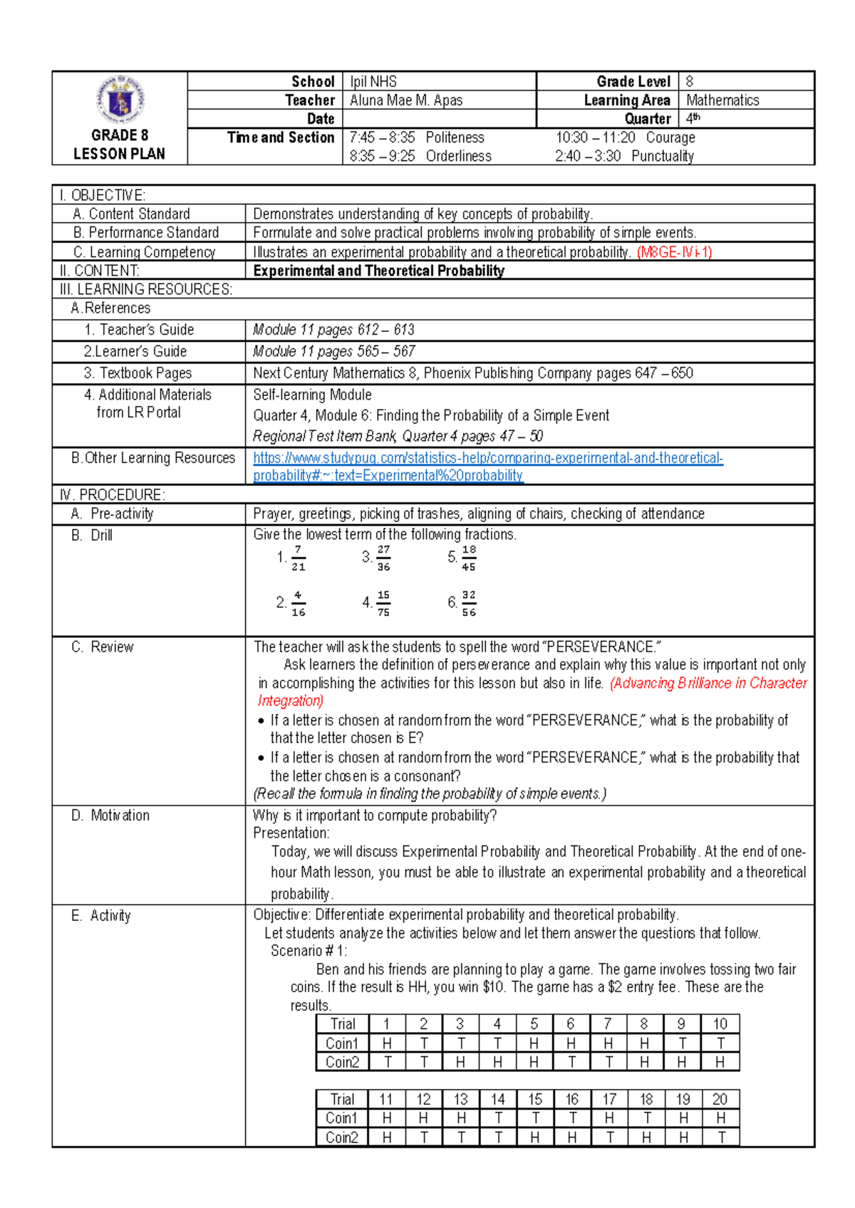 M8GE-IVi-1 Lesson Plan: Experimental & Theoretical Probability - Studocu